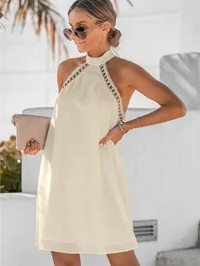 Cupshe | Dresses | Cupshe Cream Halter Mini Dress With Crochet Trim ...